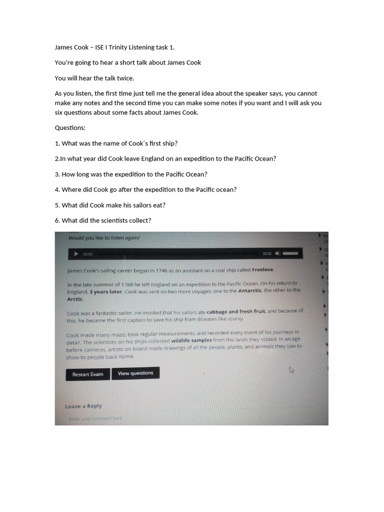 James Cook Listening Task Guide | PDF
