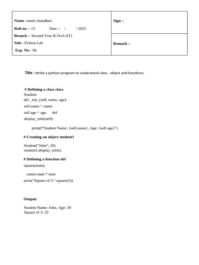 Write A Python Program To Understand Class, Object and Functions | PDF