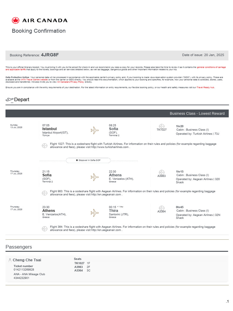 Air Canada Booking Confirmation 4JRG8F | PDF | Airlines | Fee