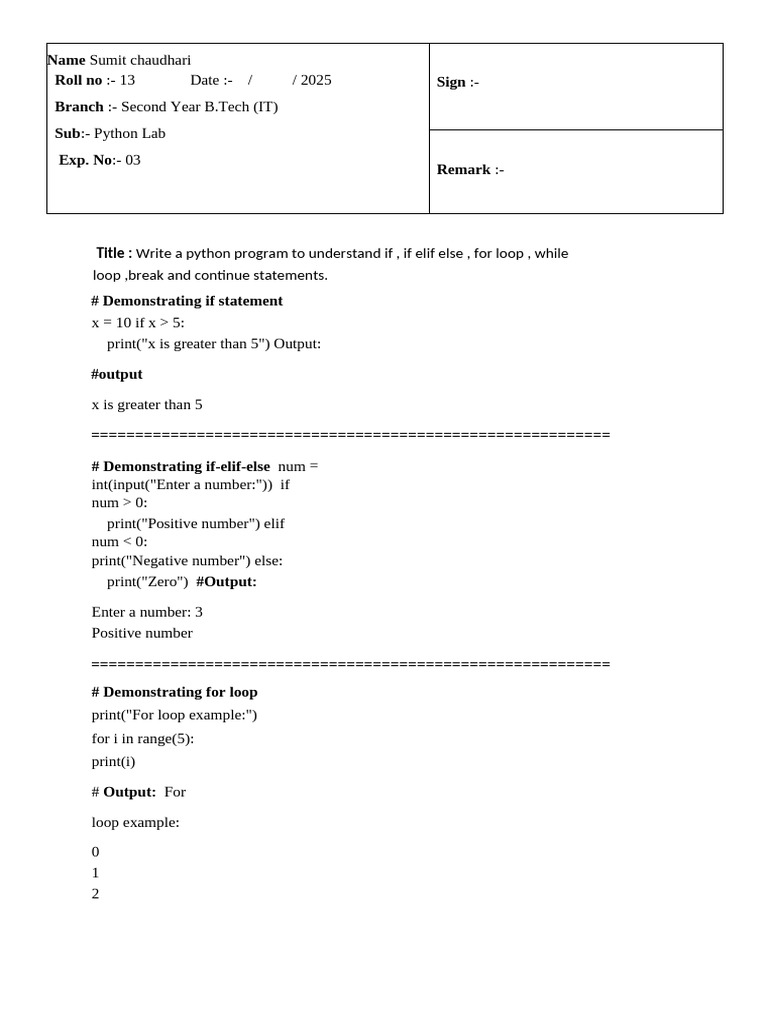 Title:: Write A Python Program To Understand If, If Elif Else, For Loop, While Loop, Break and ...