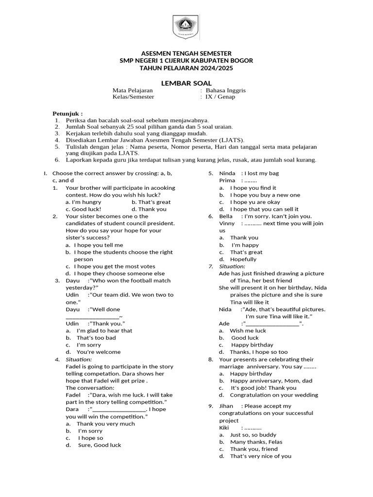 Soal PTS Ganjil 2025 Kelas IX | PDF