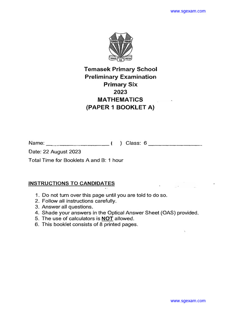 2023 P6 Maths Prelim Temasek - ZC | PDF