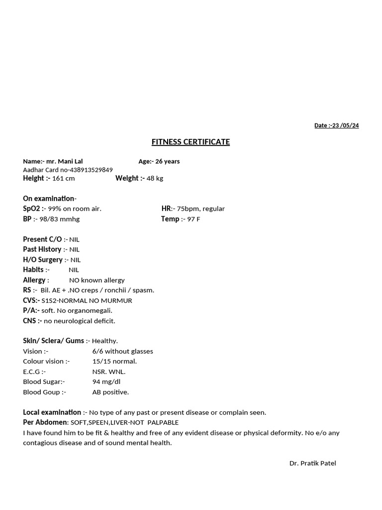 Fitness Certificate for Mr. Mani Lal | PDF