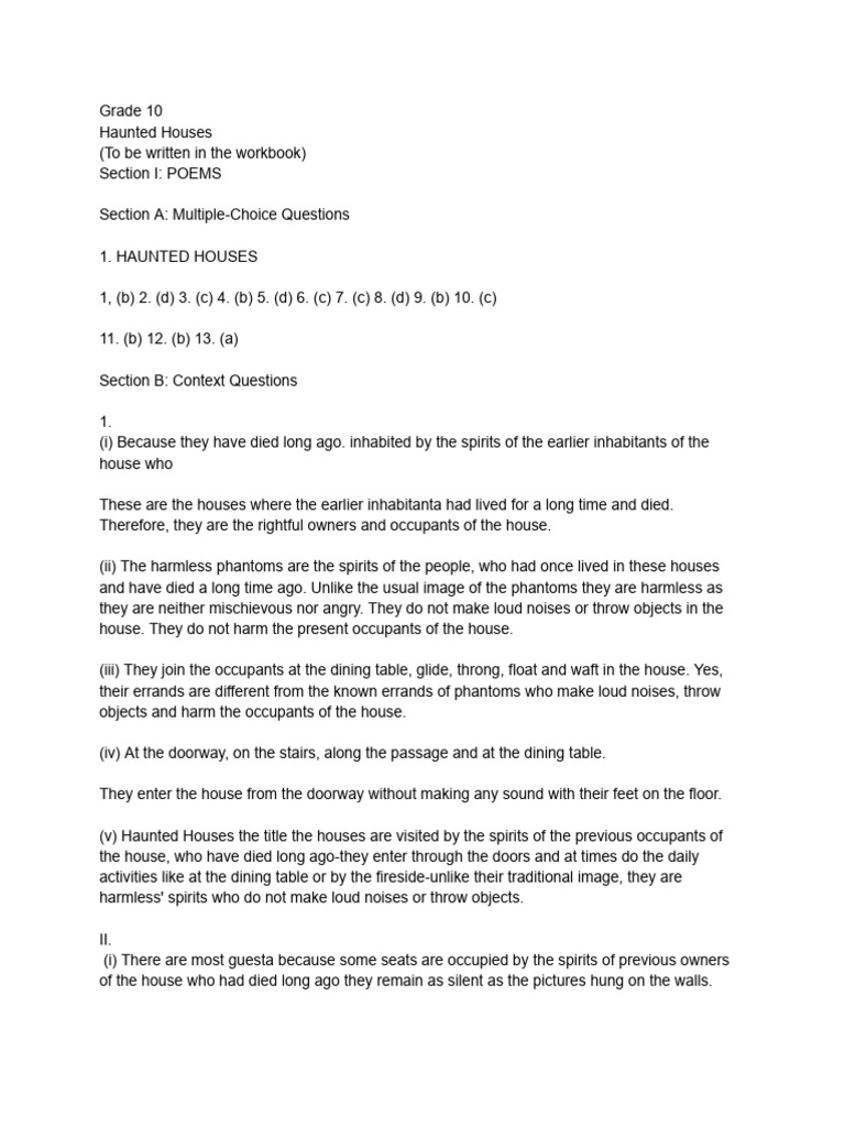 Grade 10 Haunted Houses Poetry Analysis | PDF
