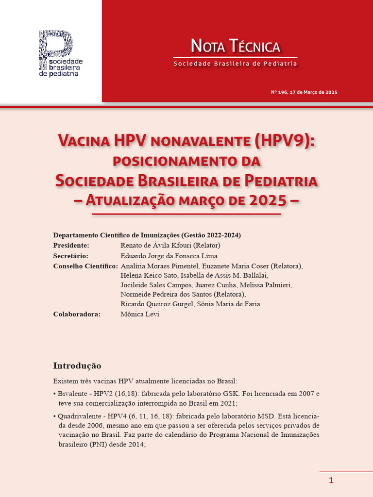 Vacina HPV9: Atualização da SBP 2025 | PDF | Câncer cervical | HIV/AIDS