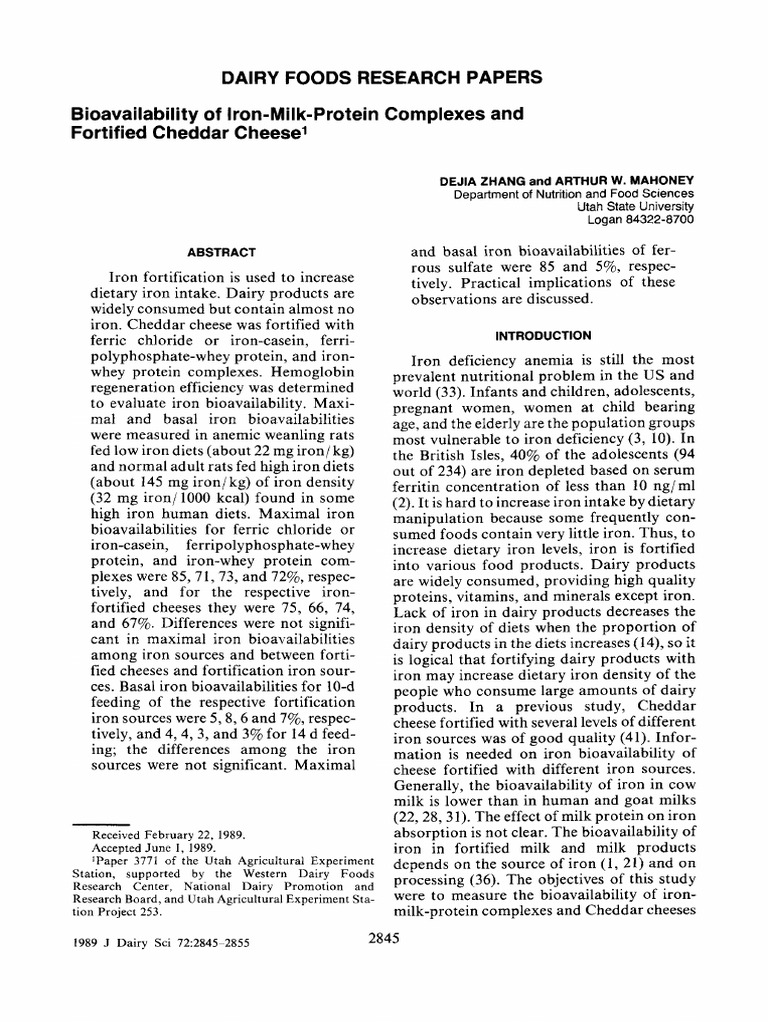 Bioavailability of Iron-Milk-Protein Complexes and Fortified Cheddar ...