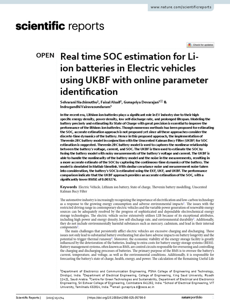 Real Time SOC Estimation For Li-Ion Batteries in Electric Vehicles Using UKBF With Online ...