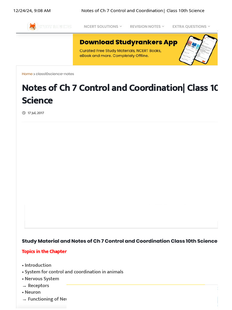 Notes of CH 7 Control and Coordination - Class 10th Science | PDF ...