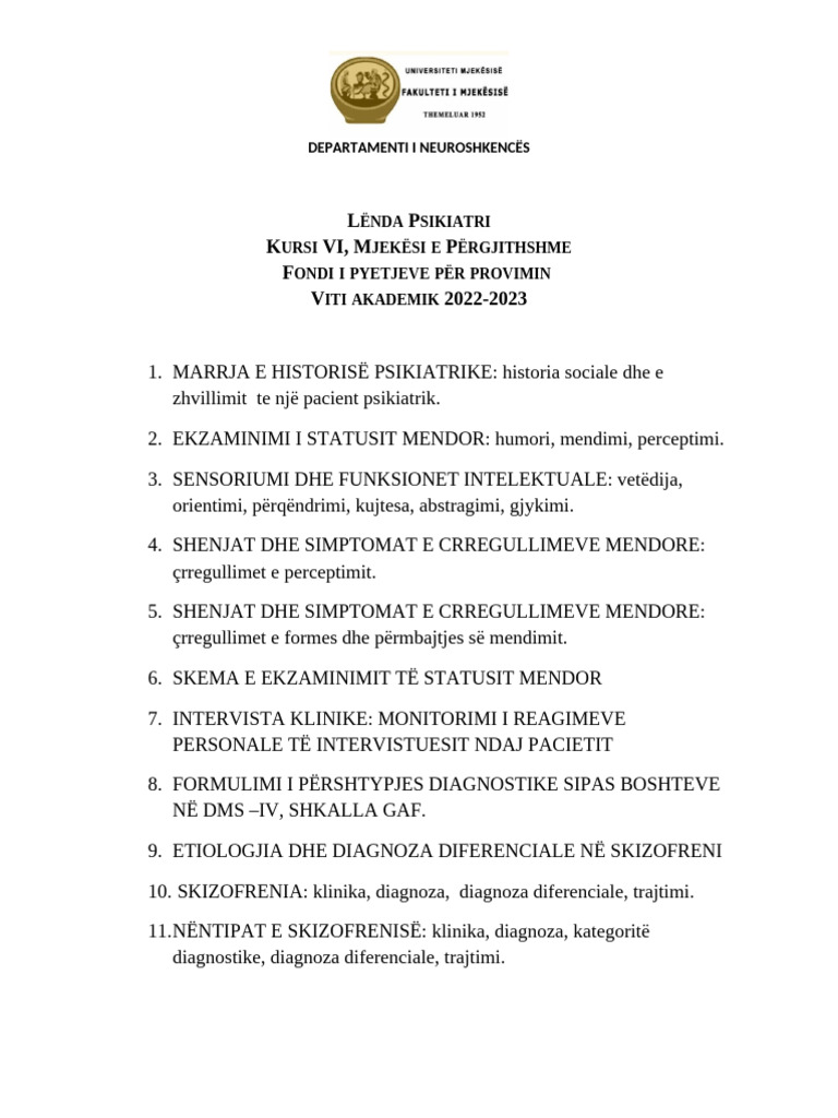 Fondi I Pyetjeve Lenda Psikiatri Viti Akademik 2022-2023-2 | PDF