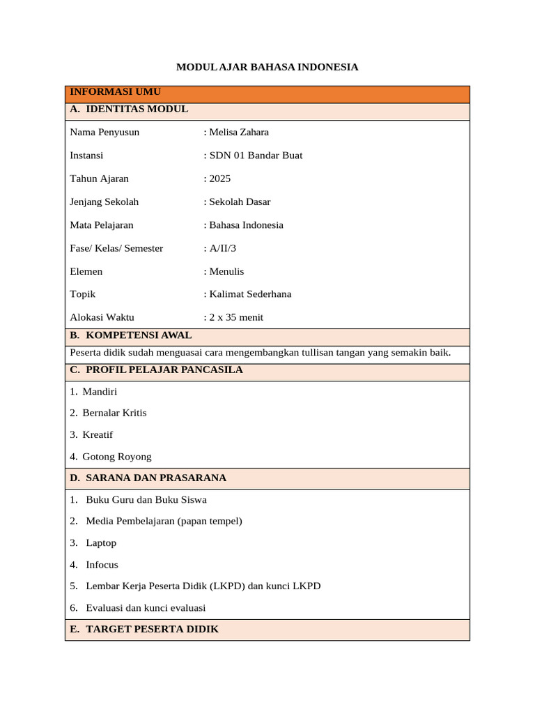 Modul Ajar Kalimat Sederhana SD | PDF