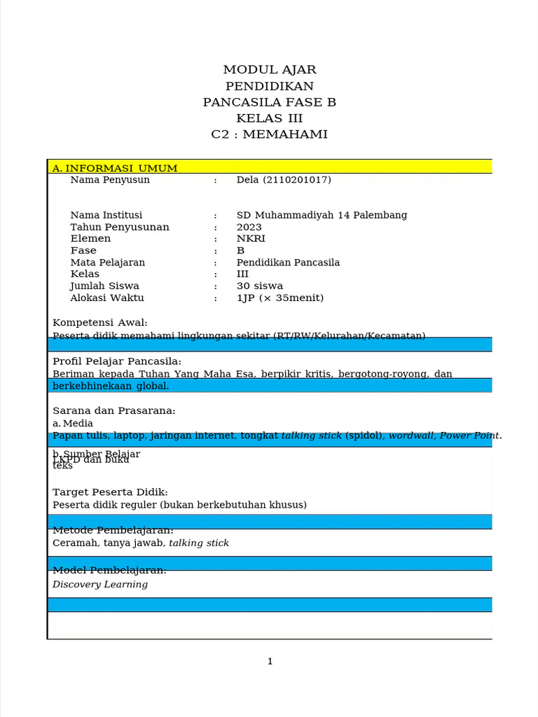 Modul Ajar Pendidikan Pancasila Fase B Kelas Iii C2: Memahami | PDF