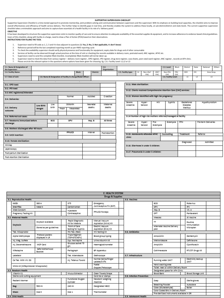 Supportive Supervision Checklist Facility | PDF | Vaccines | Childbirth