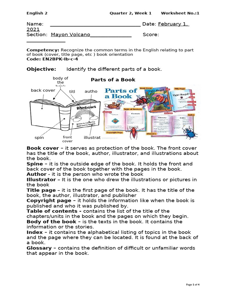 Parts of a Book: English 2 Worksheet | PDF | Books | Written Communication