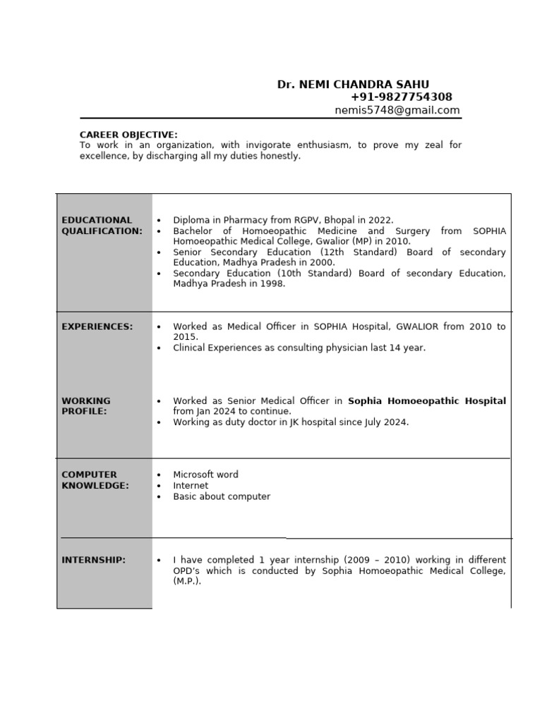 Nemi Chandra Sahu Resume | PDF | Physician | Medical School