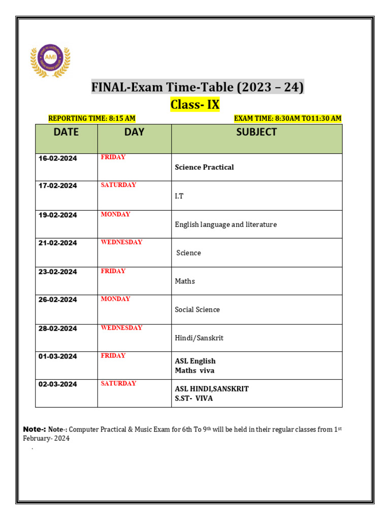 Time Table Class - Ix Final Exam (2023-24) . | PDF