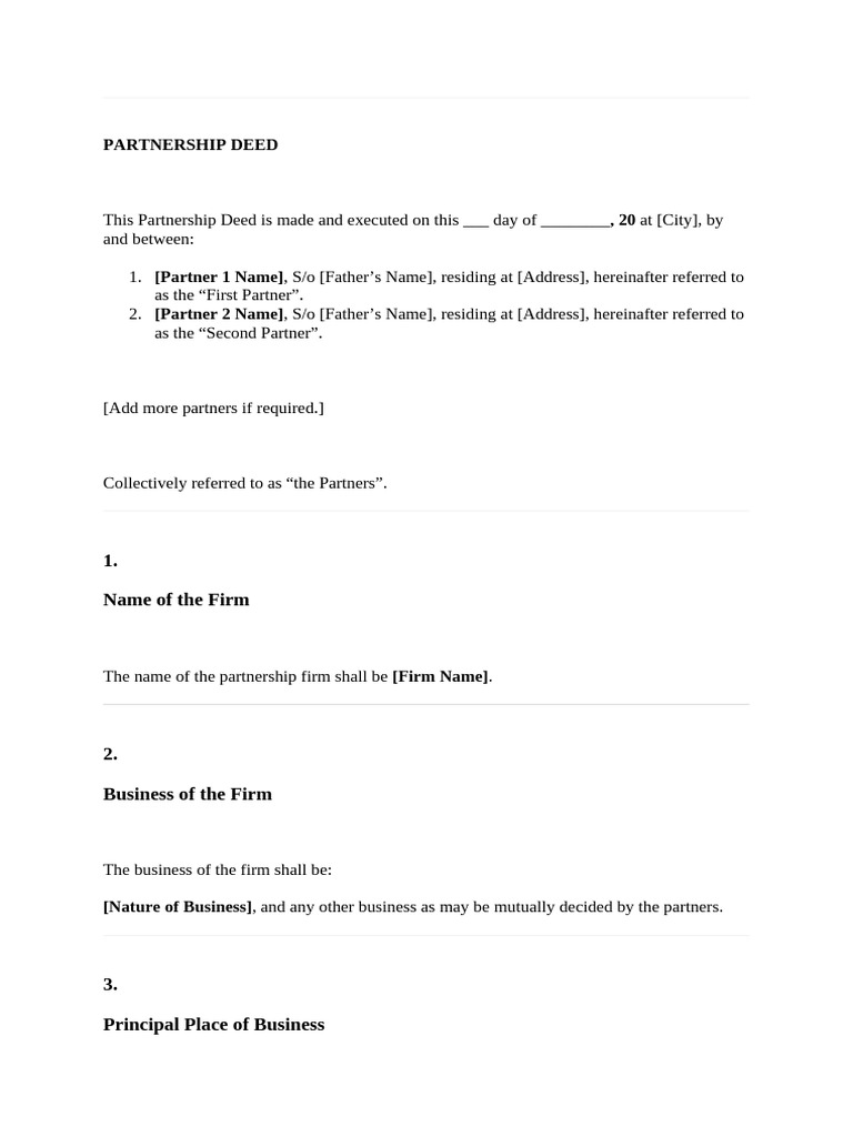 Partnership Deed Template | PDF | Partnership | Private Law