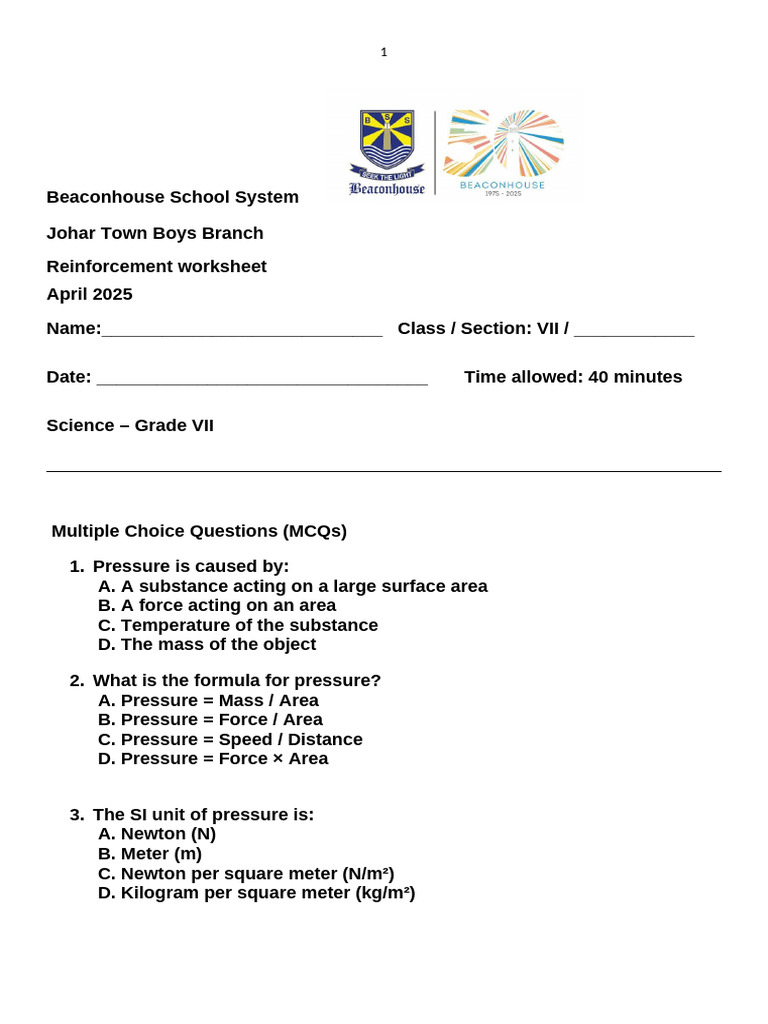 Science Reinforcement Worksheet, Pressure and Diffusion | PDF ...