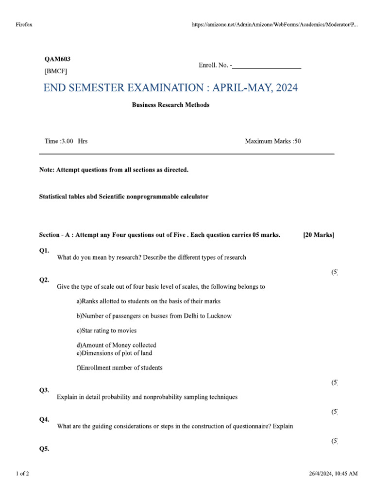 Question Paper BRM 2024 | PDF