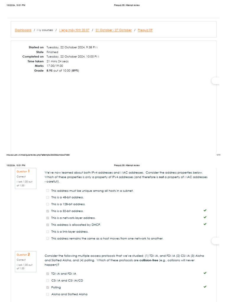 Prequiz 09 - Attempt Review | PDF | Channel Access Method | Internet Protocols
