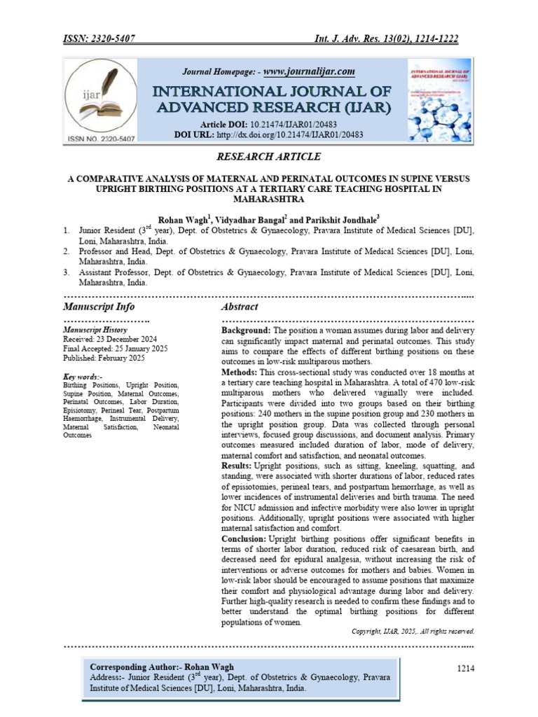 A COMPARATIVE ANALYSIS OF MATERNAL AND PERINATAL OUTCOMES IN SUPINE ...