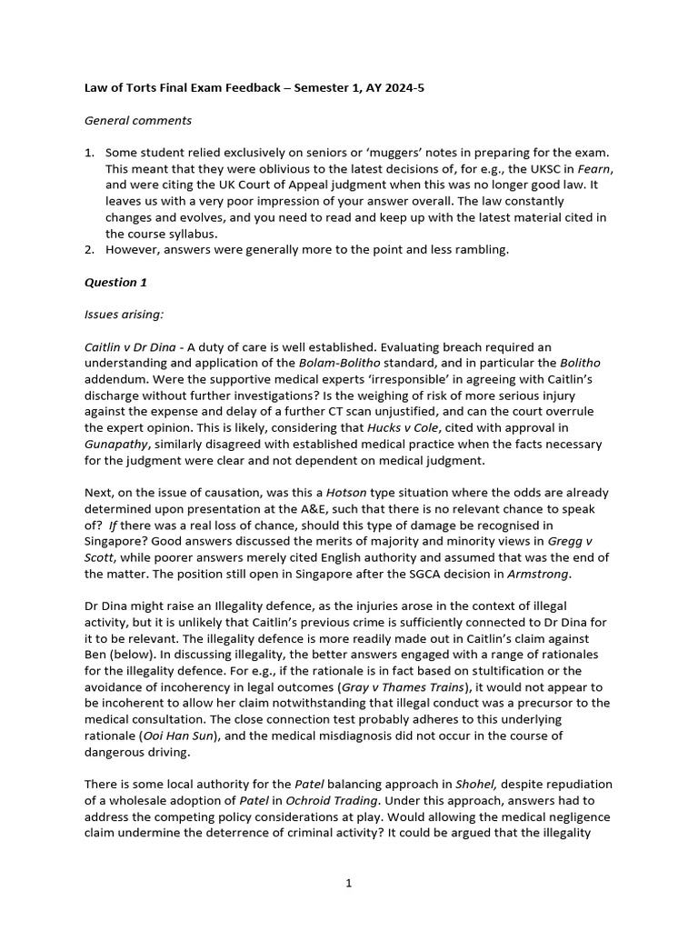 Torts Exam Feedback and Key Issues | PDF | Tort | Negligence