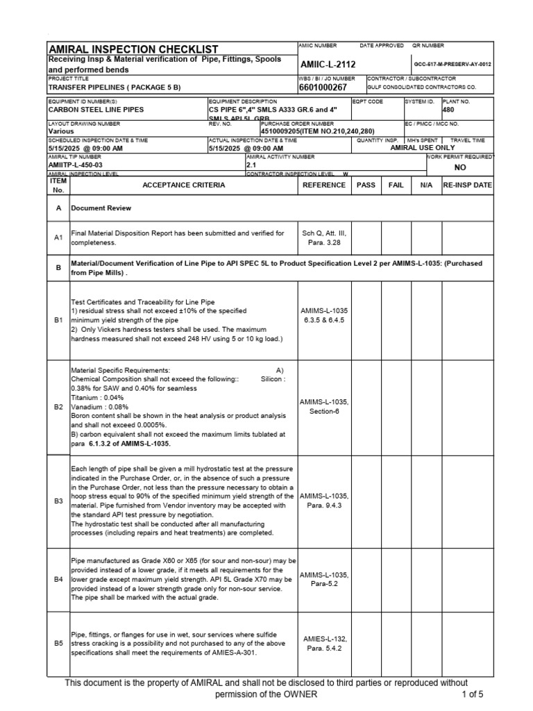 Amiral Pipe Inspection Checklist | PDF | Pipe (Fluid Conveyance ...