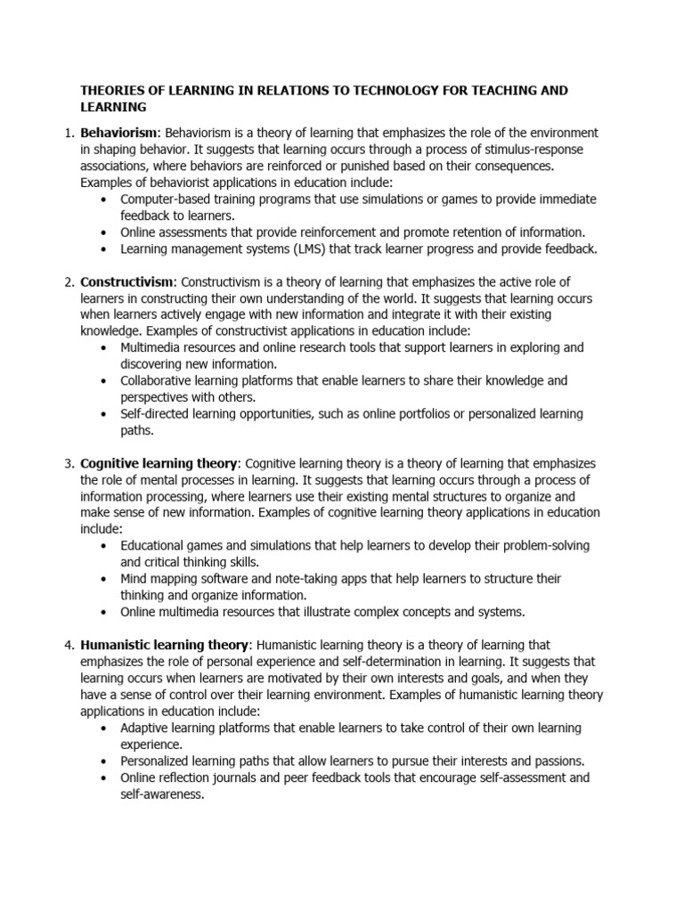 Theories of Learning in Relations To Technology For Teaching and Learning | PDF | Learning ...