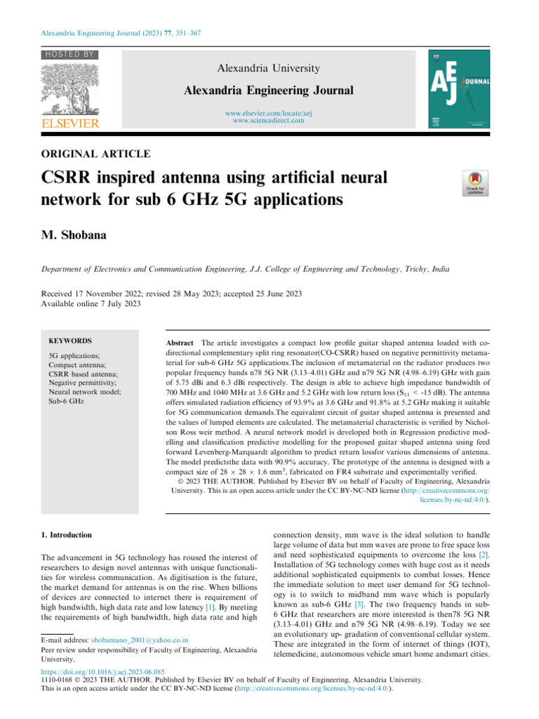 CSRR Inspired Antenna Using Artificial Neural Network For Sub 6 GHZ 5G Application | PDF ...