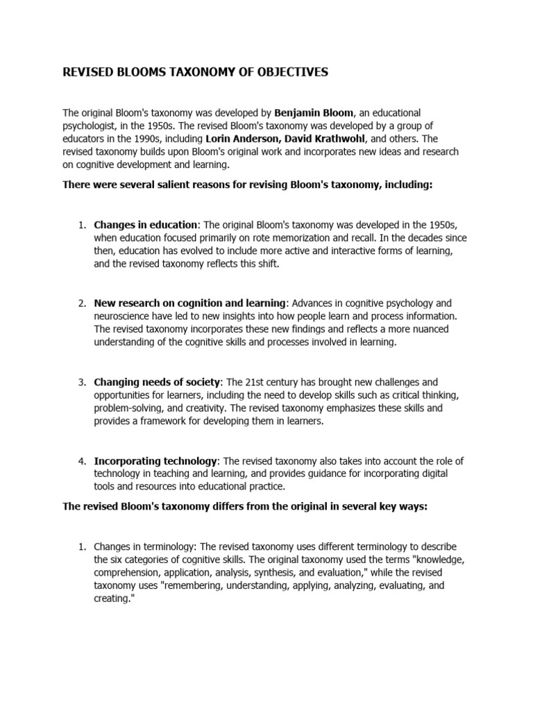Revised Blooms Taxonomy of Objectives | PDF | Learning | Behavioural Sciences