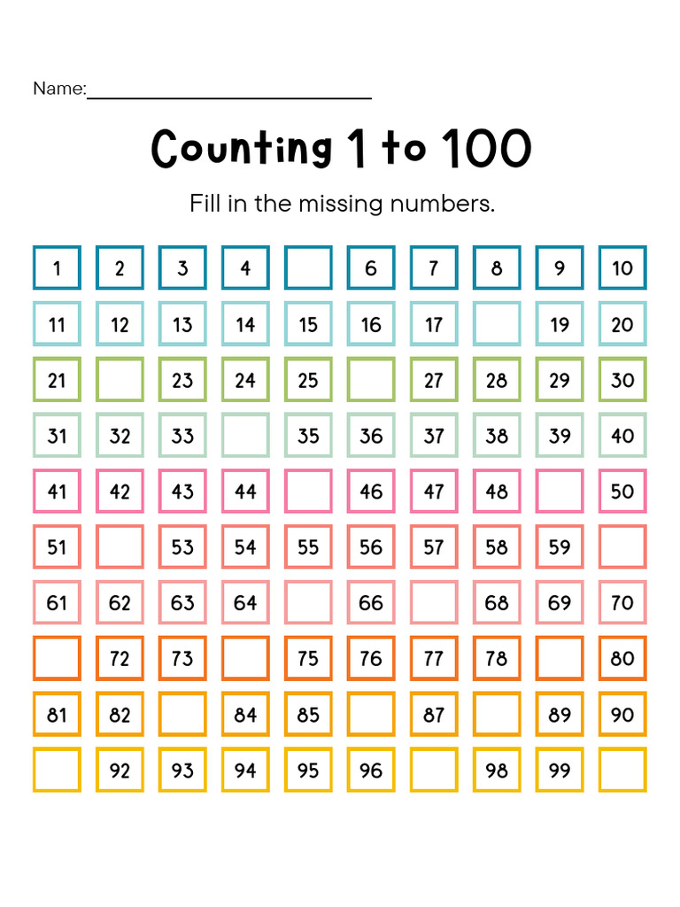 Counting To 100 Math Worksheet in Colorful Box Style | PDF