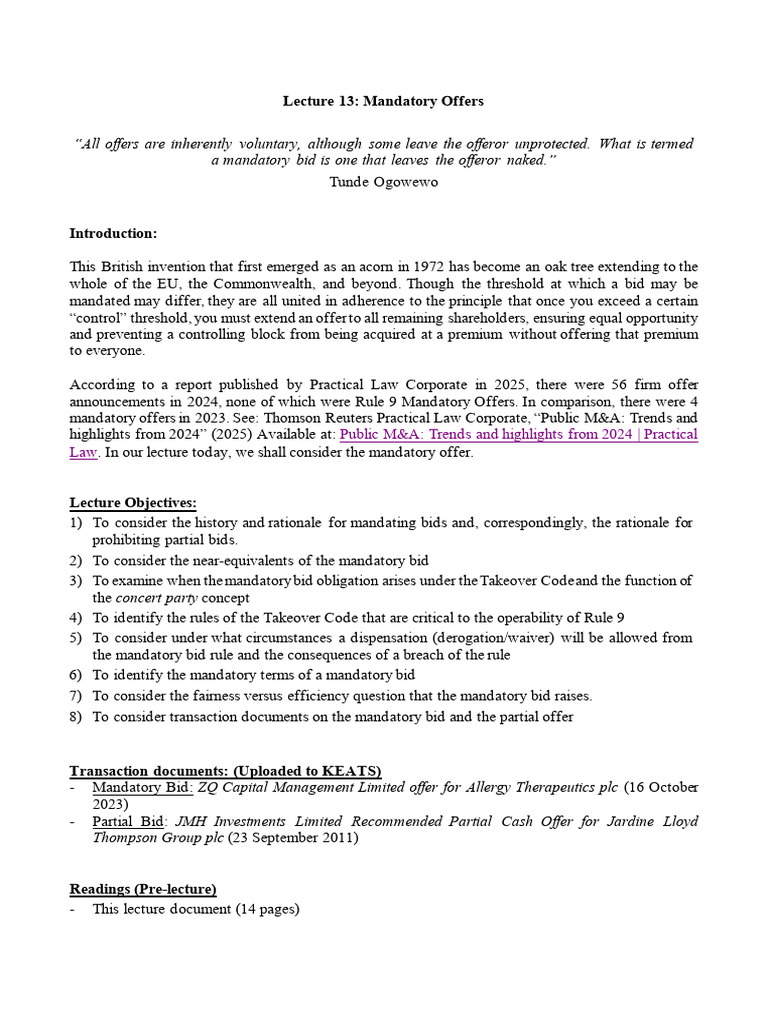 Understanding the Mandatory Bid Rule | PDF | Takeover | Offer And ...