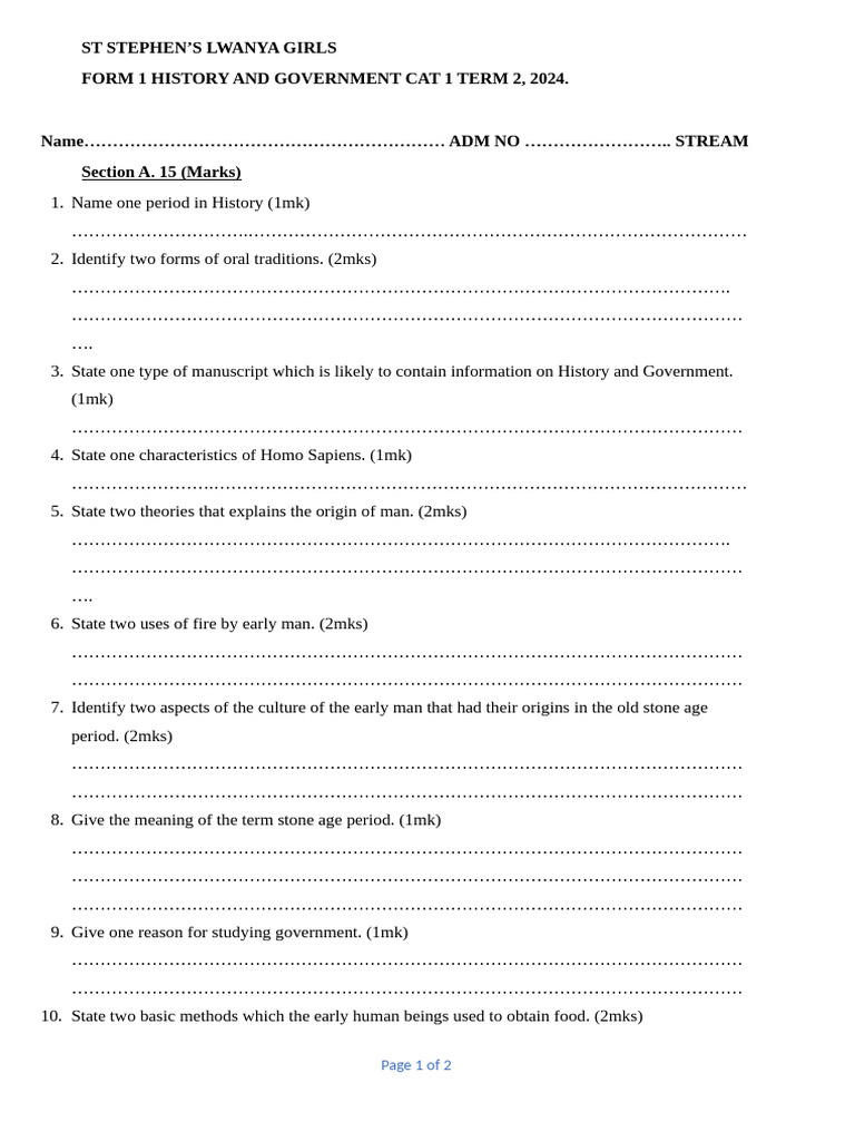 Form 1 History & Government CAT 1 2024 | PDF | Paleoanthropology ...