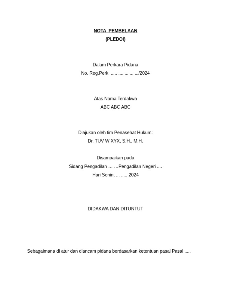 Contoh - Template Pledoi (Pembelaan) | PDF