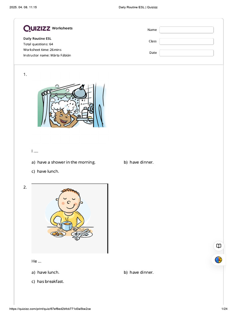 Daily Routine ESL Quizizz Worksheet | PDF | Lunch | Meal
