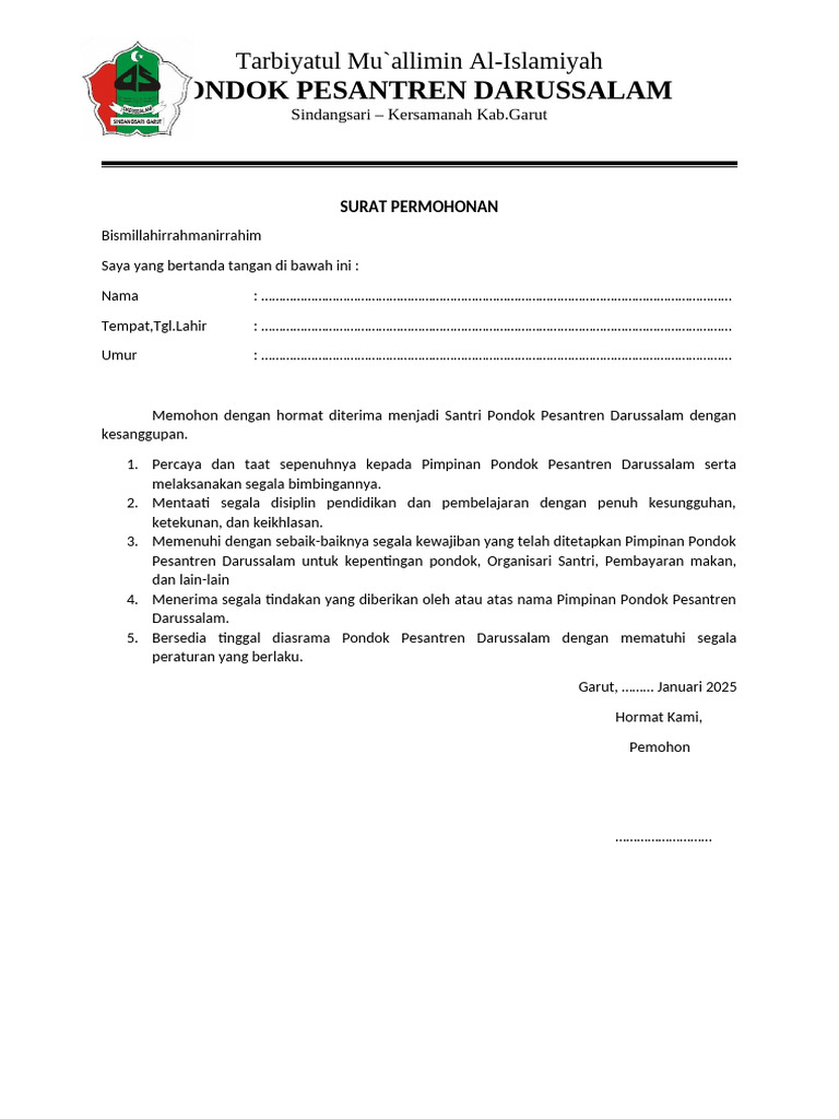 SURAT PERMOHONAN PESANTREN | PDF