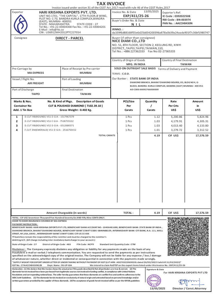 Exp - 411 - Nice Diam Co - LTD | PDF | Invoice