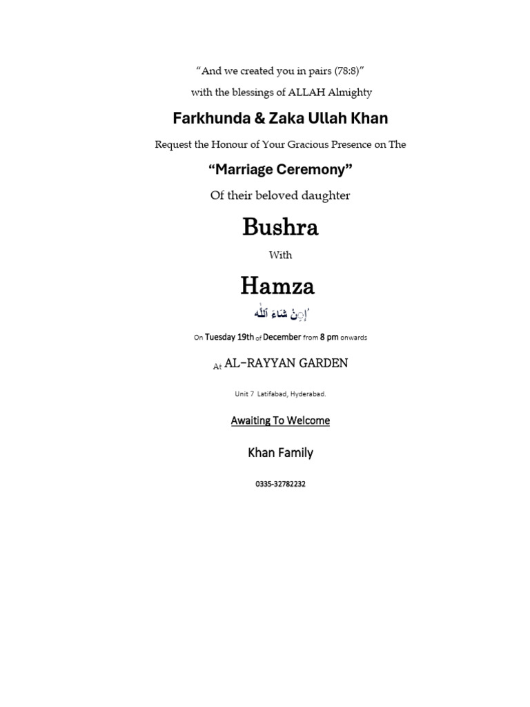 Wedding Invitation for Bushra and Hamza | PDF