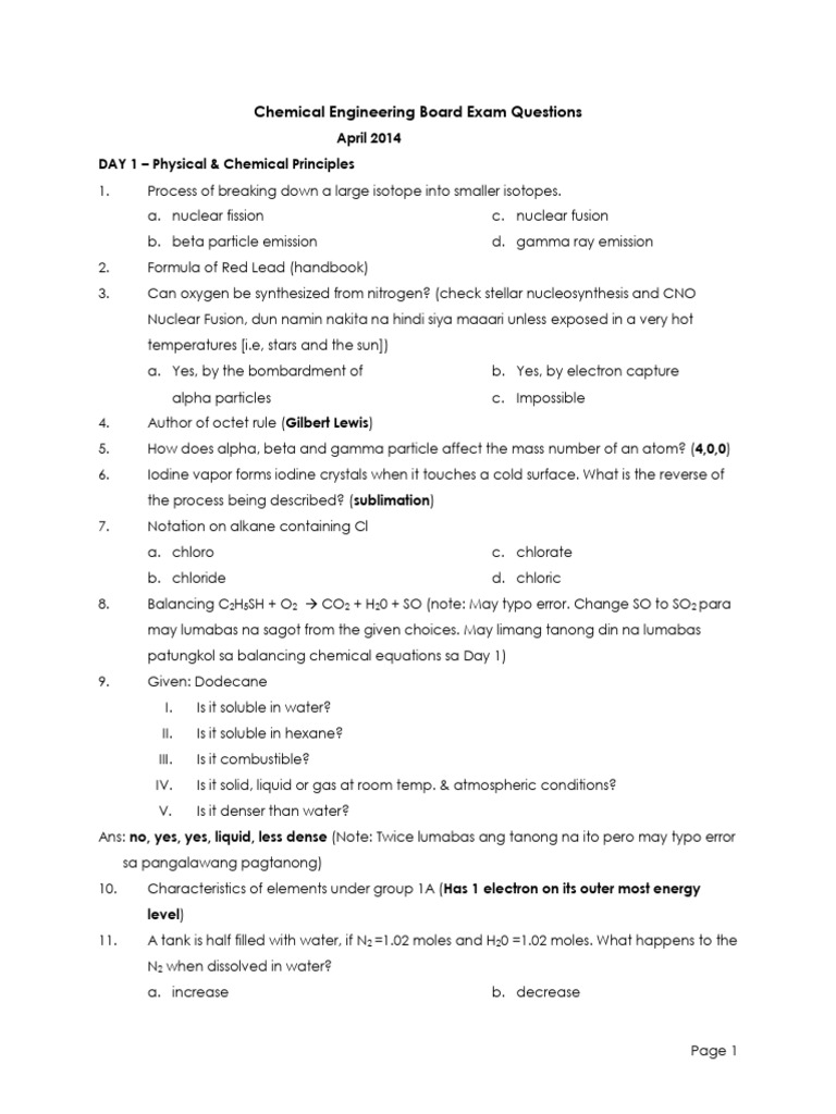 Chemical Engineering Exam Questions 2014 | PDF | Chlorine | Water