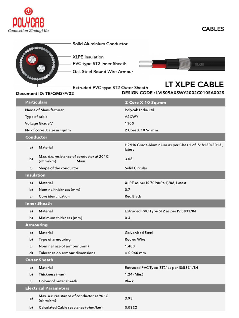 Polycab 10 SQMM 2 Core Aluminum Armoured Cable | PDF