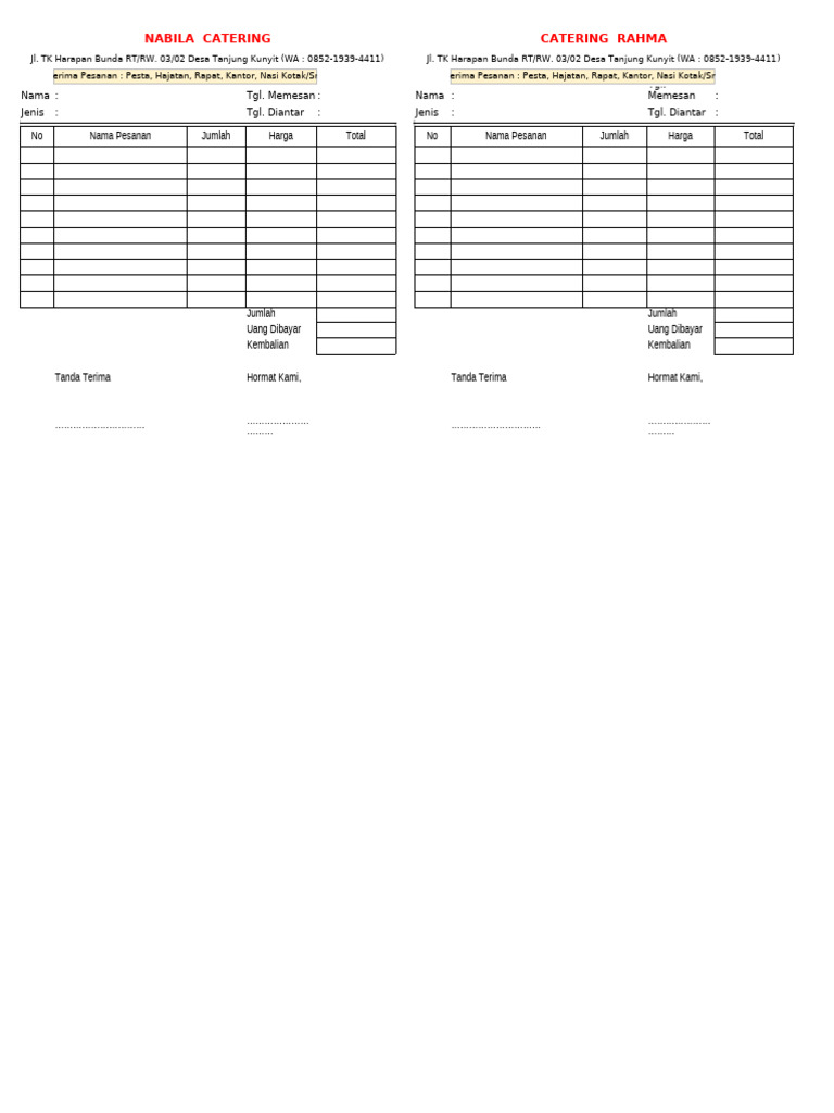 Nota Catering Excel Nabila Rahma | PDF