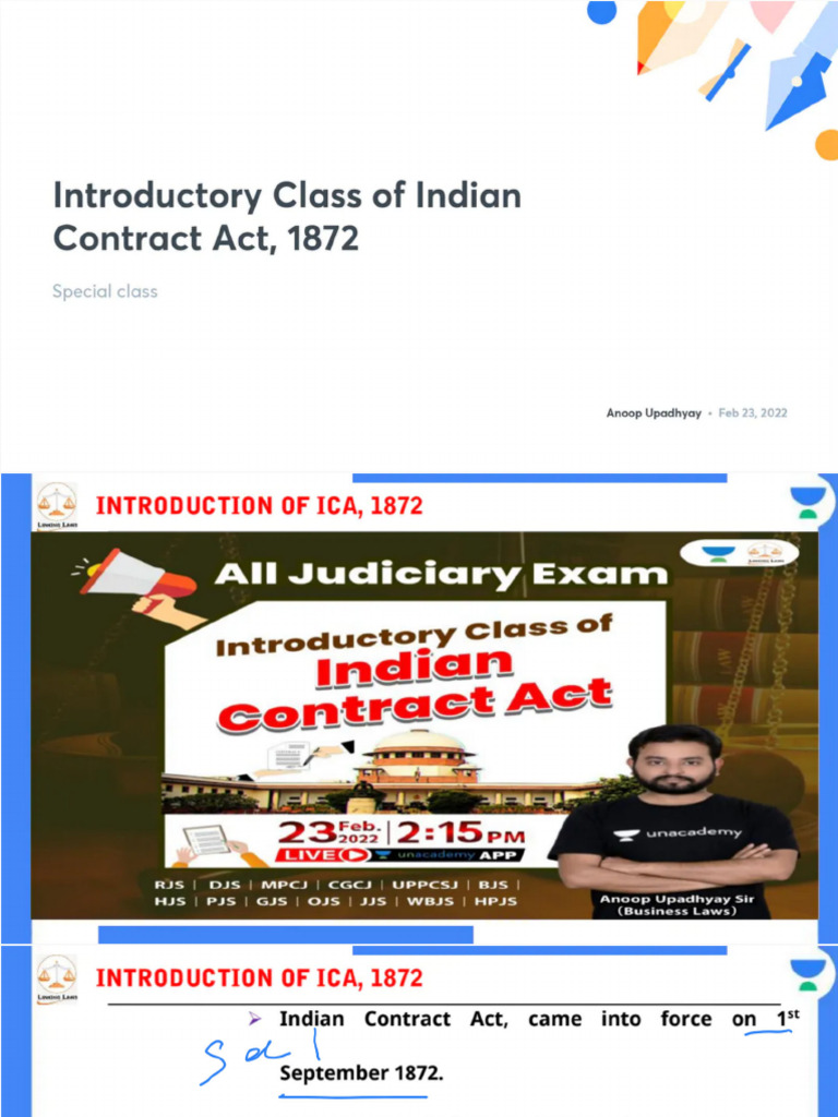 Introductory Class of Indian Contract Act 1872 | PDF