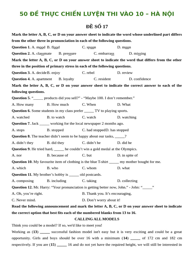 50 ĐỀ THỰC CHIẾN LUYỆN THI VÀO 10 MÔN ANH - HÀ NỘI NĂM 2025 CÓ ĐÁP ÁN BVV ĐỀ SỐ 17 | PDF ...