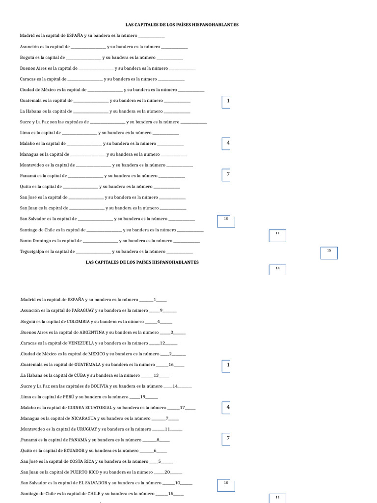Las Capitales de Los Paises Hispanohablantes Hoja de Trabajo 60926 ...