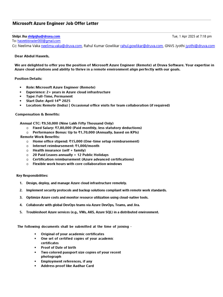 Druva Software Offer Letter | PDF | Microsoft Azure | Employment