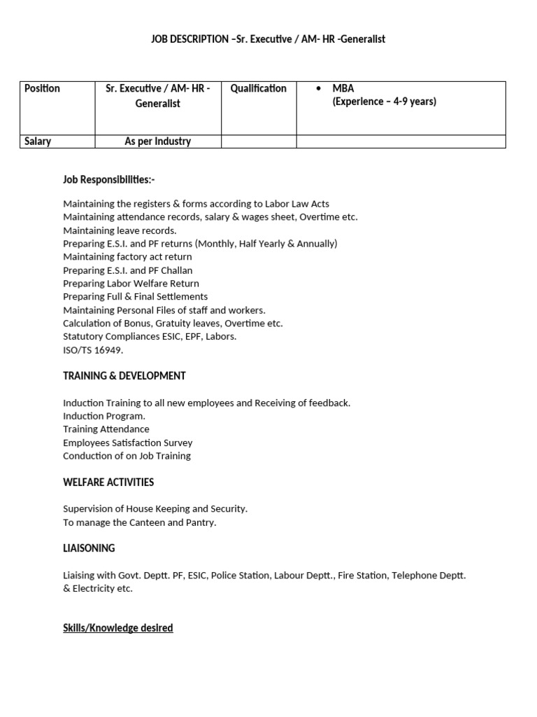 JD - HR Generalist | PDF