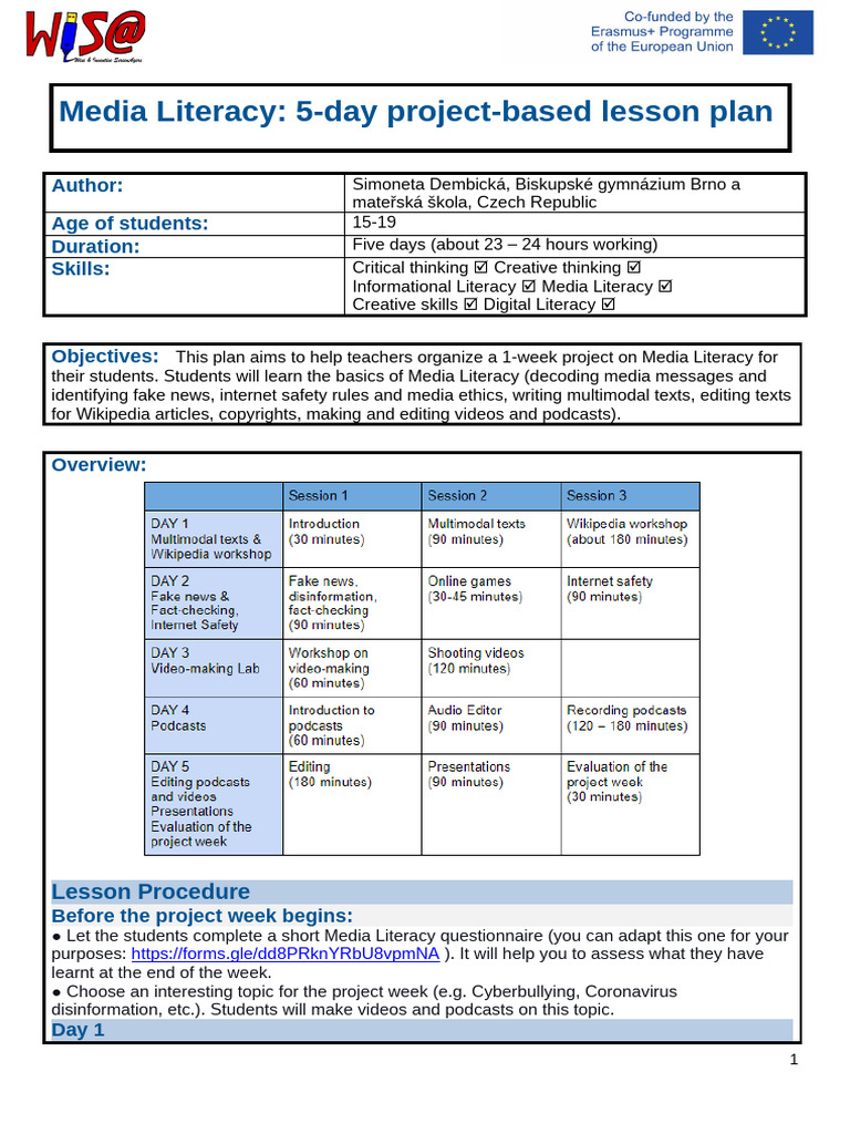 WISA - 5day Project Based Lesson Plan On MEDIA LITERACY | PDF | Podcast ...