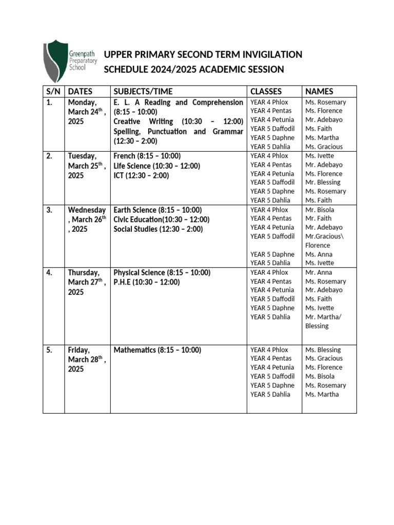 Upper Primary Second Term Invigilation Schedule 2024 | PDF