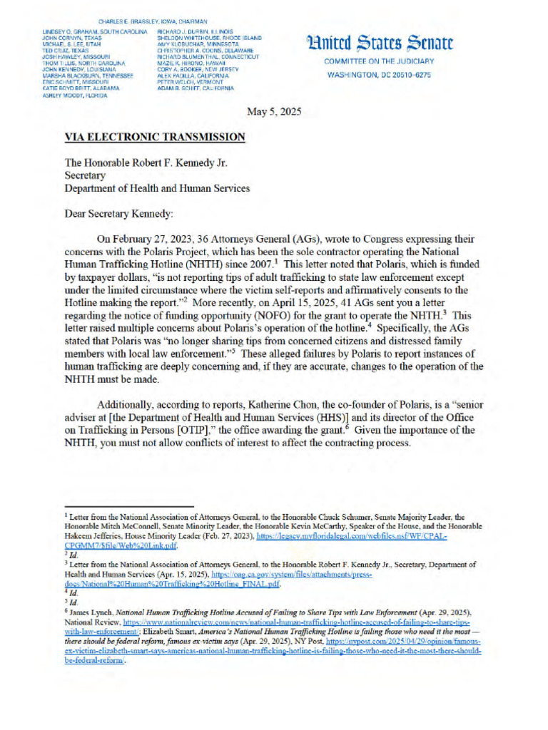 Grassley To HHS - National Human Trafficking Hotline | PDF | Chuck ...