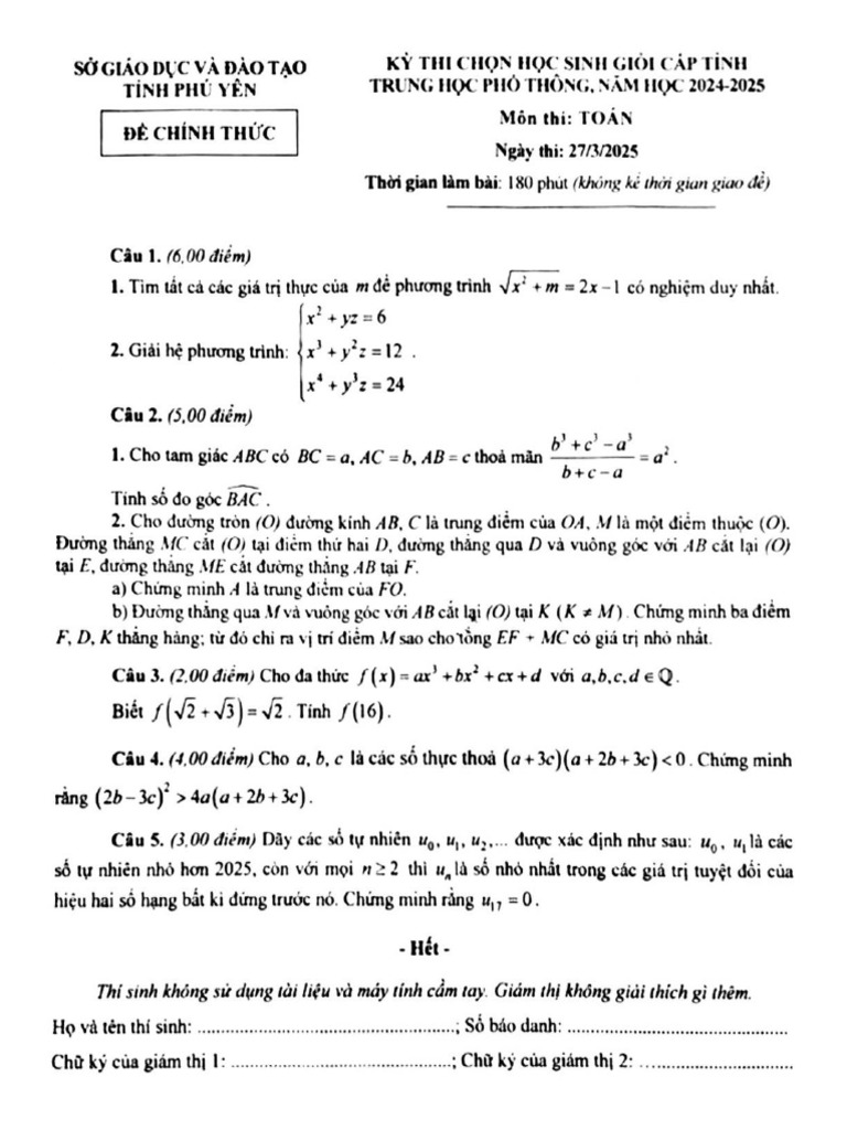 De Chon Hoc Sinh Gioi Tinh Toan THPT Nam 2024 2025 So GDDT Phu Yen | PDF