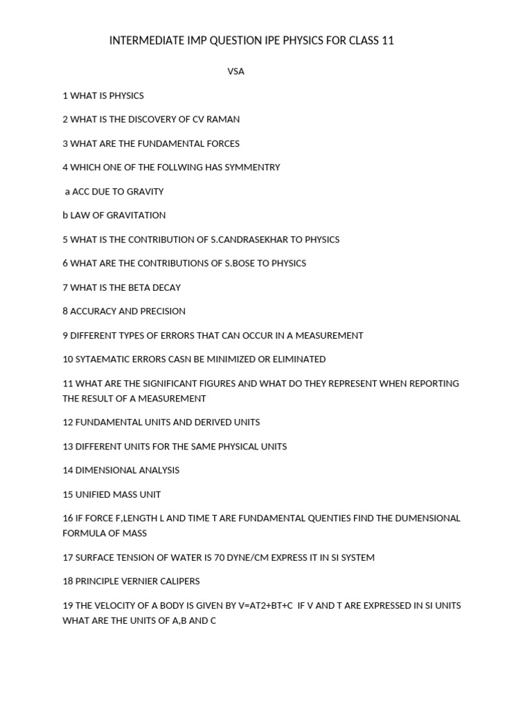 Class 11 Phy Imp Ipe Questions | PDF